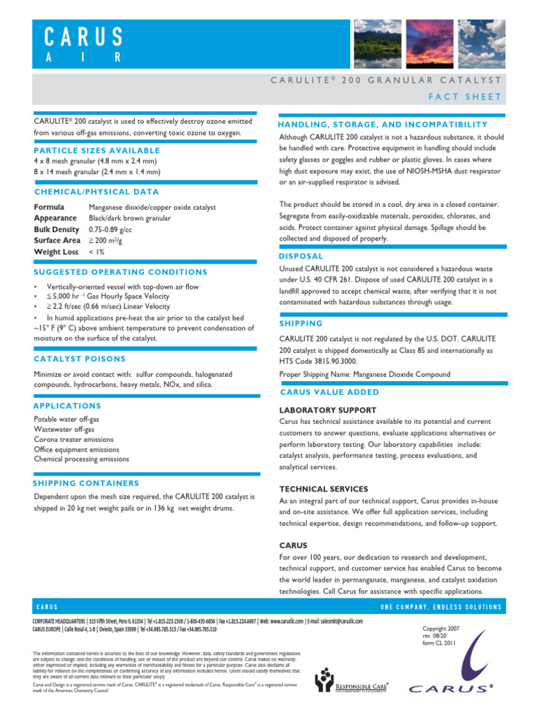 CARULITE 200 Granular Catalyst Data Sheet | PDF | Catalysis | Ozone