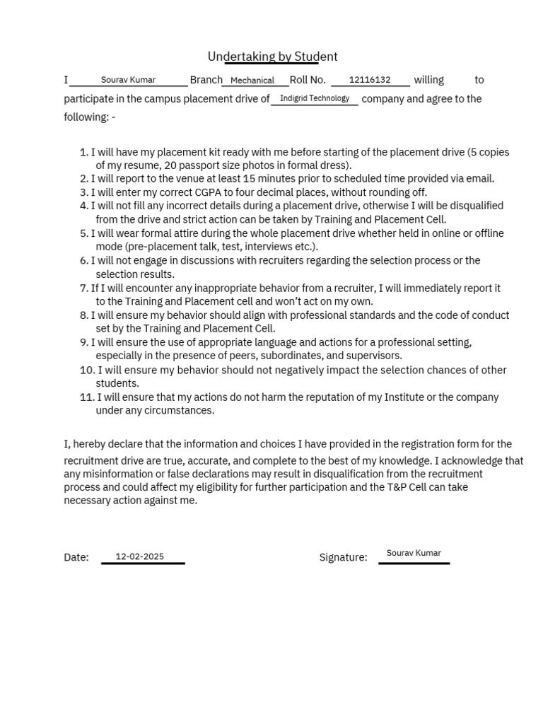 Undertaking Student PDF | PDF