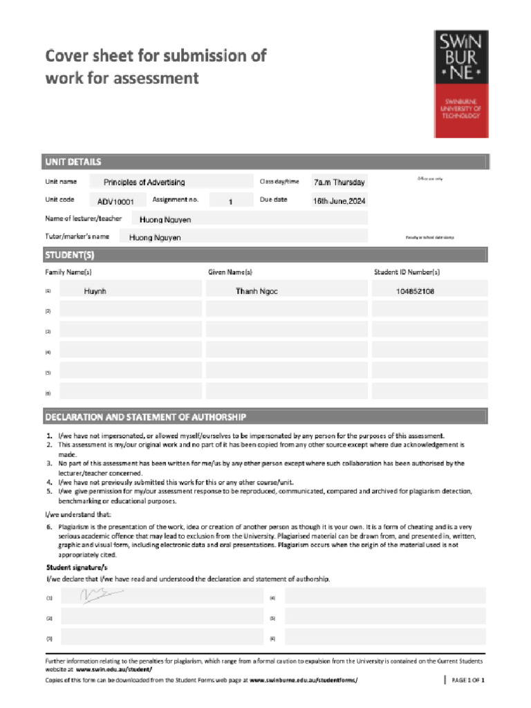 Cover Sheet For Submission of Work For Assessment PDF | PDF