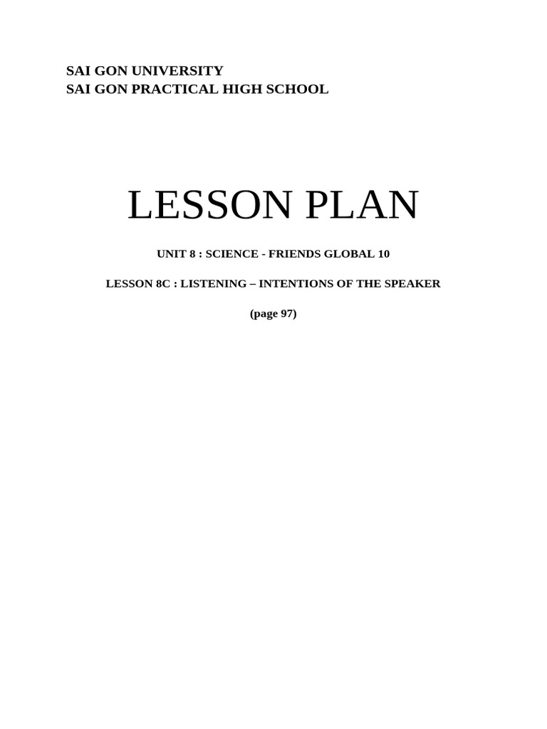 Lesson Plan Unit 8C LISTENING - INTENTIONS OF THE SPEAKER - H NG ĐÀO | PDF | Lesson Plan | Learning