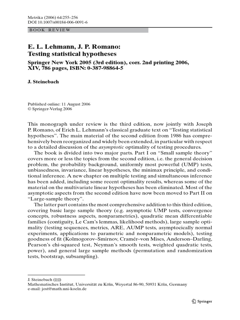 E L Lehmann J P Romano Testing Statistic | PDF | Statistical Inference ...