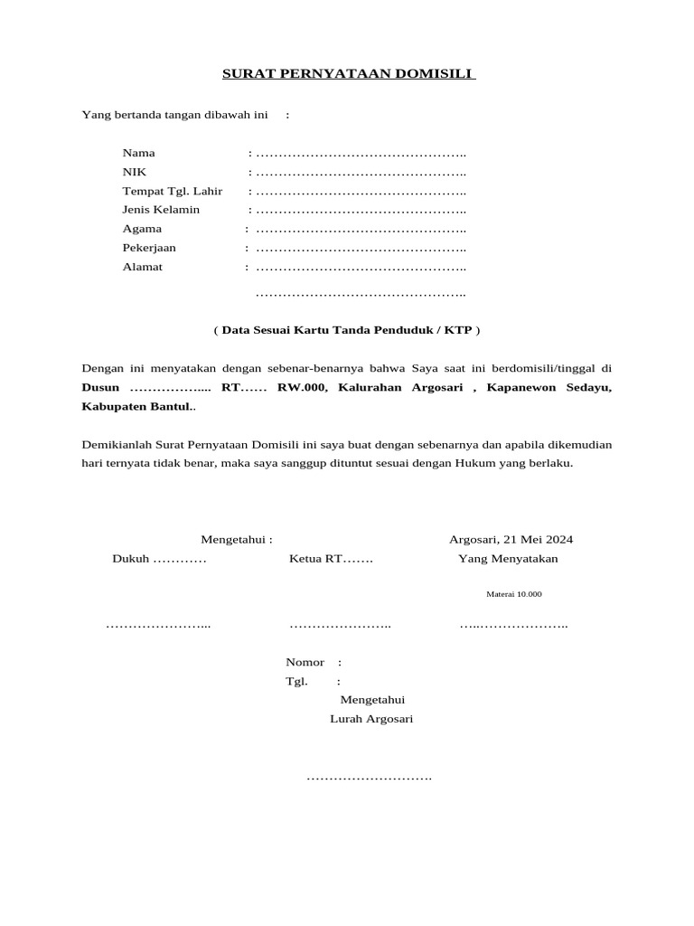 Surat Pernyataan Domisili | PDF