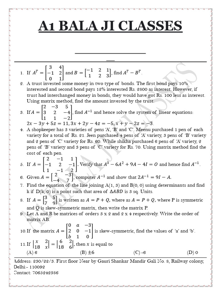 A1 Bala Ji CLASSES MATHS 8 MAY | PDF | Matrix (Mathematics) | Operator ...