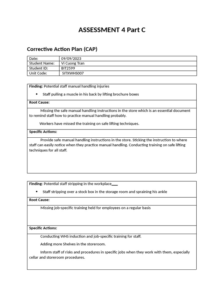 Assessment 4 part C Corrective Action Plan | PDF