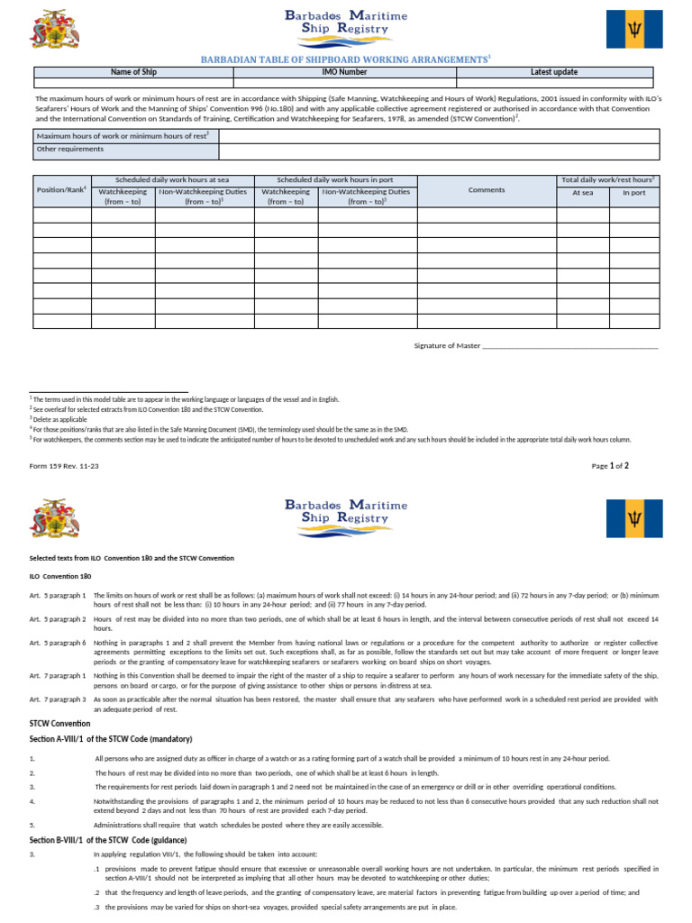 Form 159 Barbadian Model Format For Table of Shipboard Working ...