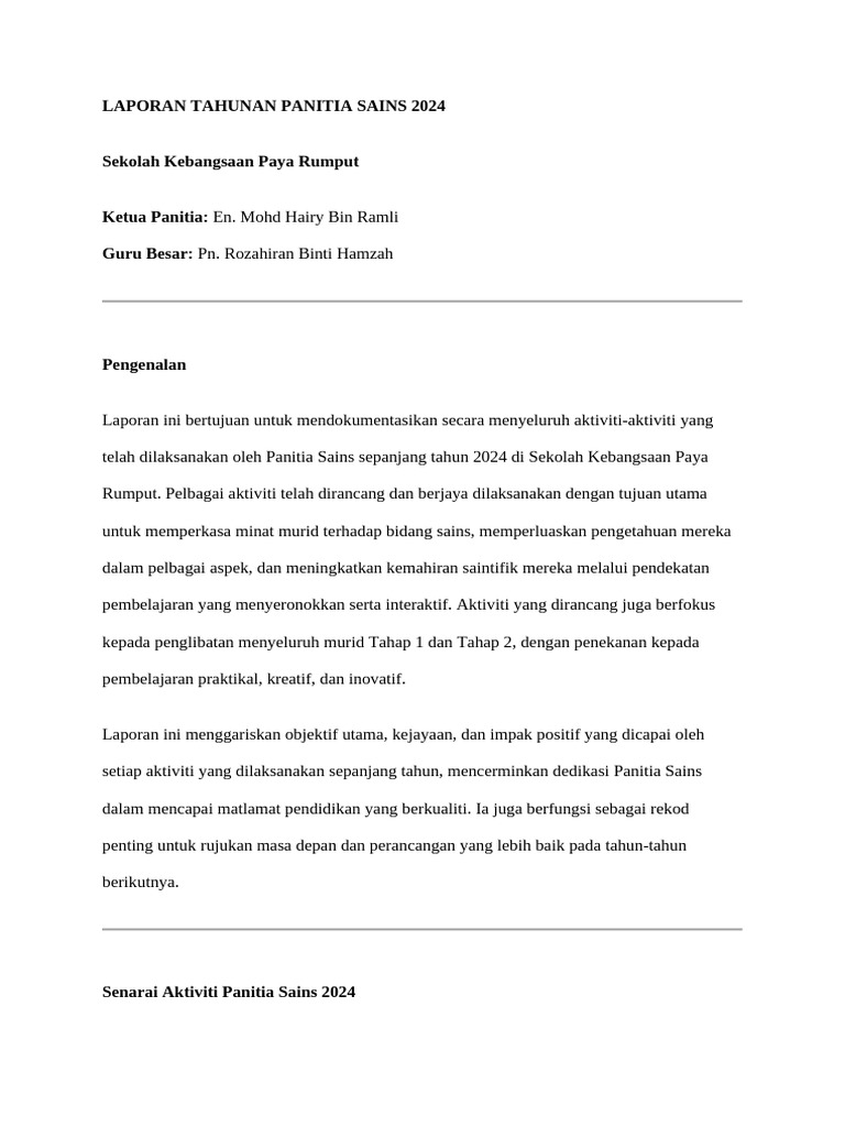 Laporan Tahunan Panitia Sains SK Paya Rumput 2024 | PDF