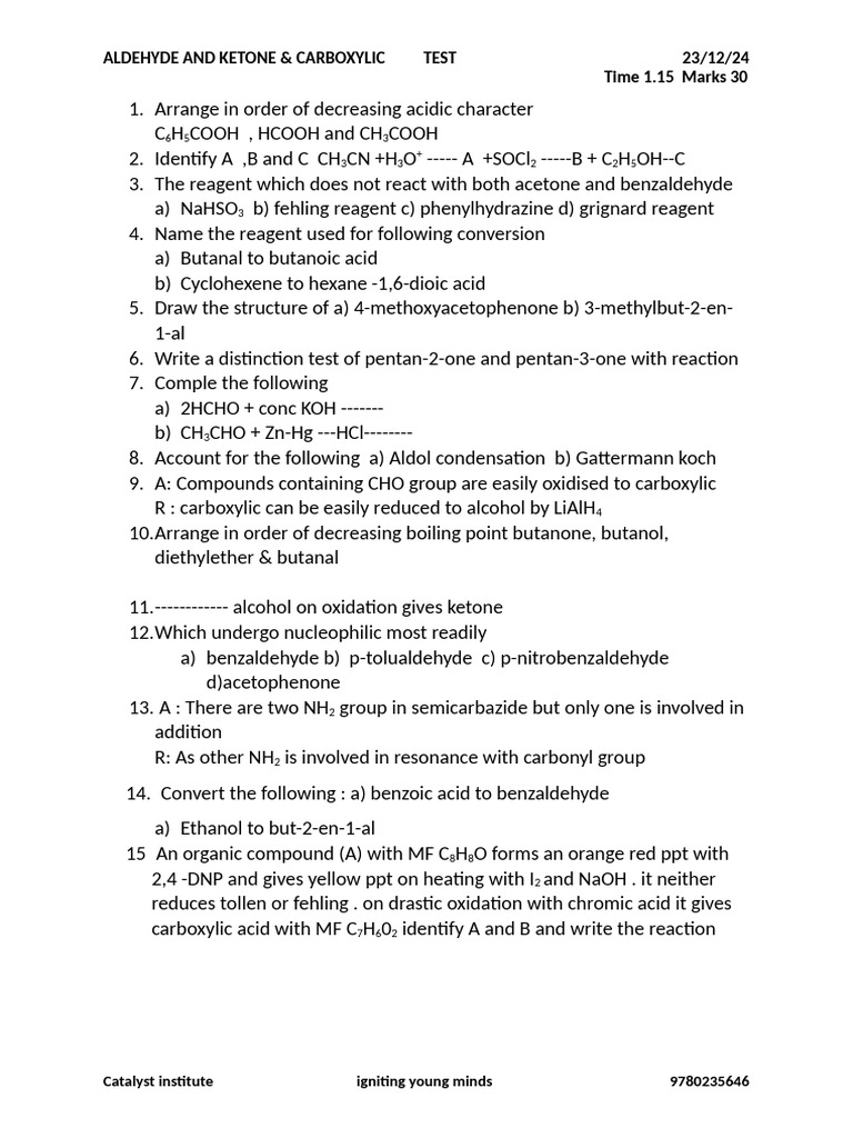 Aldehyde, Ketone, and Carboxylic Acid Tests | PDF