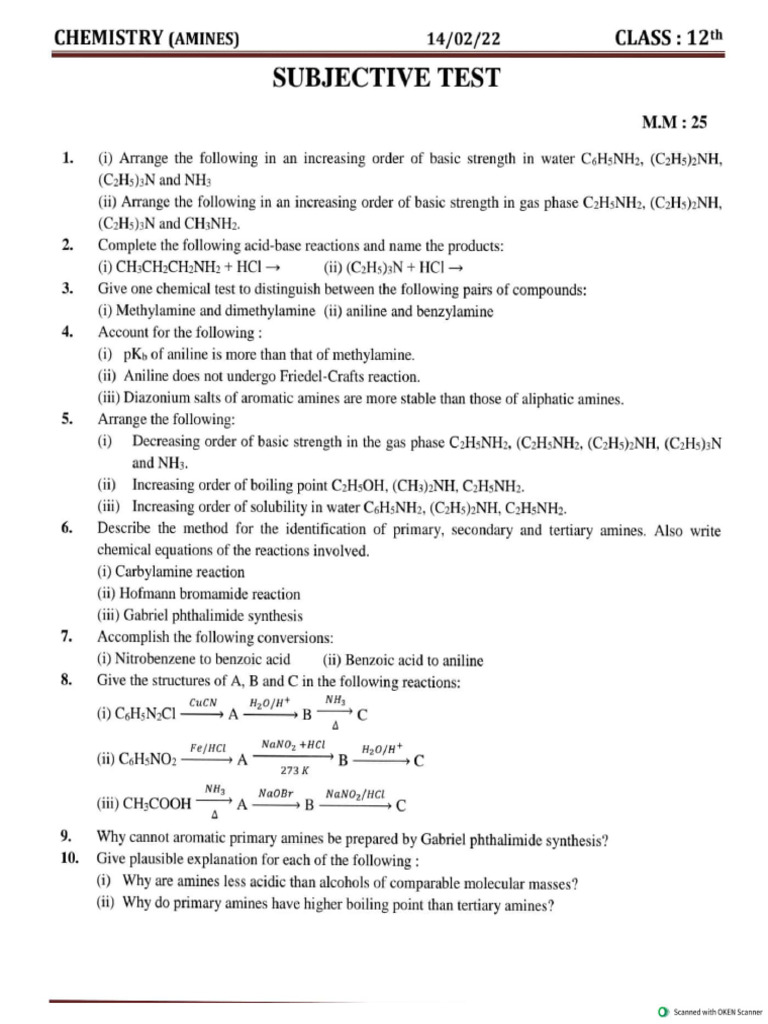 AMINES SUB TEST 12th-1 | PDF