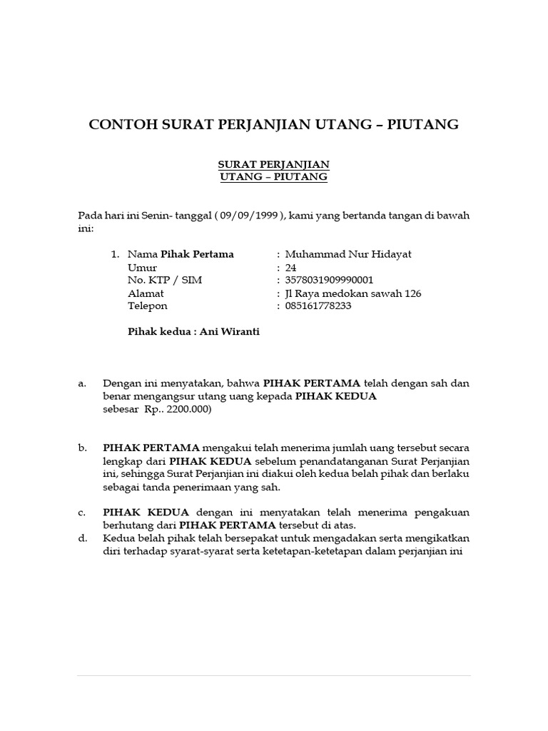 Contoh Surat Perjanjian Utang Piutang FH UII | PDF