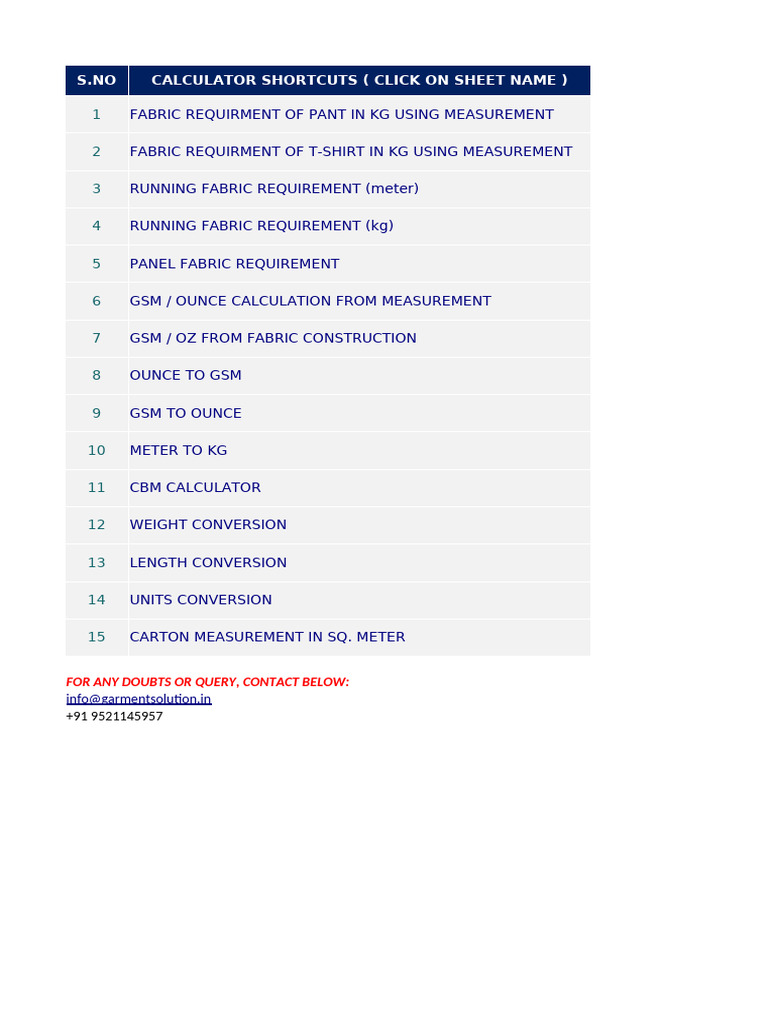 GARMENT CALCULATIONS-final | PDF | Ounce | Textiles