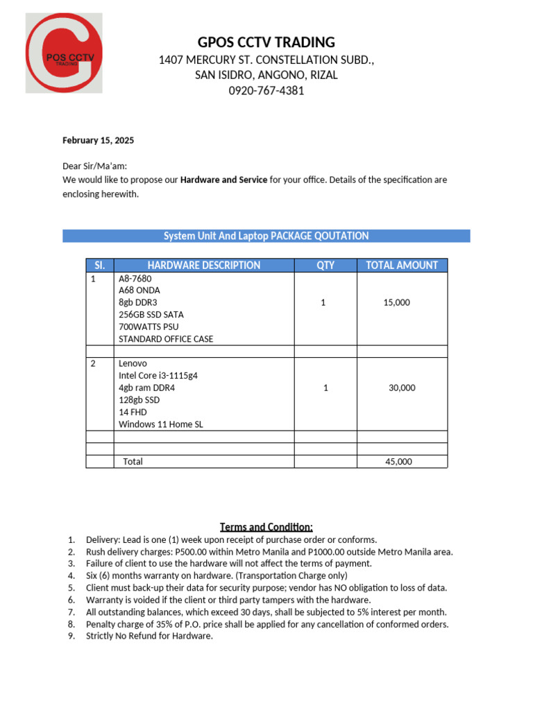 CCTV Hardware Proposal and Quotation | PDF | Computer Hardware