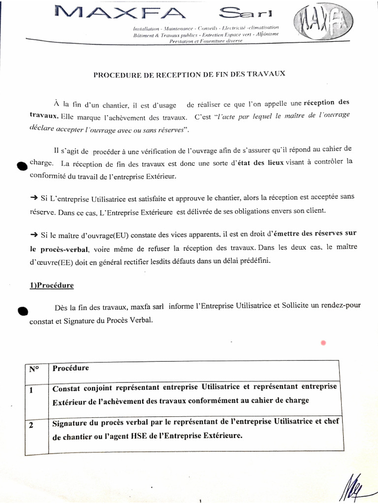 Procedure de Réception de Fin Des Travaux Maxfa | PDF