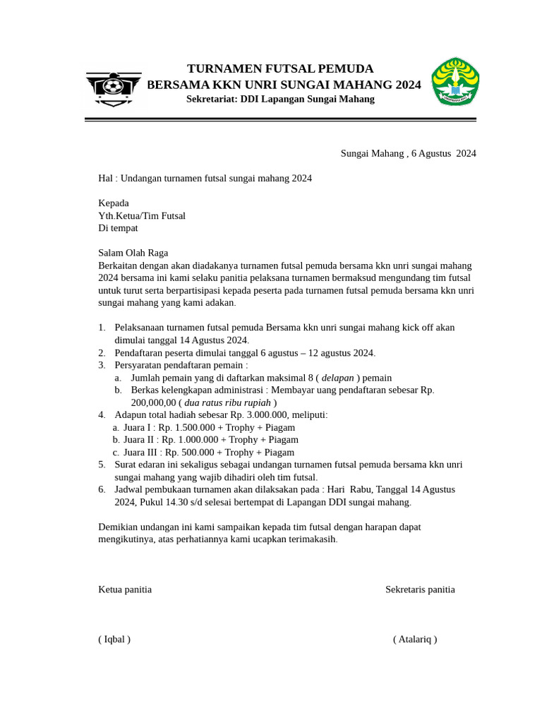 Surat Undangan Futsal Sungai Mahang | PDF