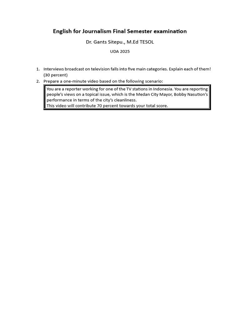 English For Journalism Final Semester Examination | PDF