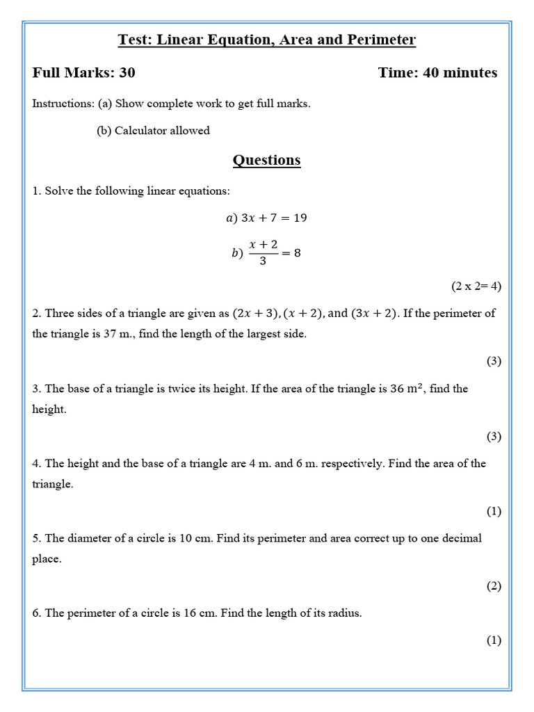 Test On Linear Equation, Area, and Perimeter | PDF | Area | Circle