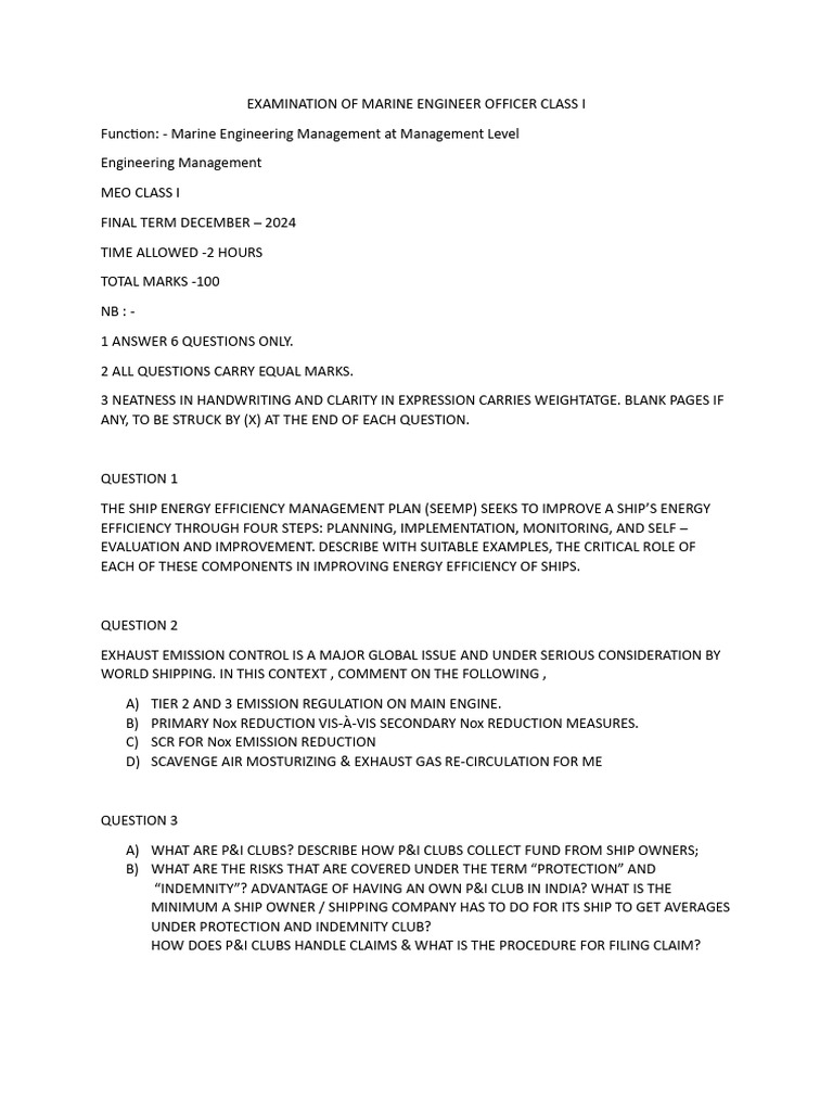 Examination of Marine Engineer Officer Class i | PDF