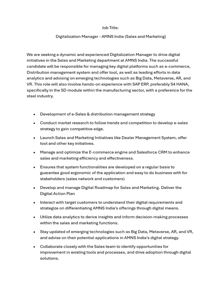 JD - Digitalization Manager | PDF | Marketing | Customer Relationship ...