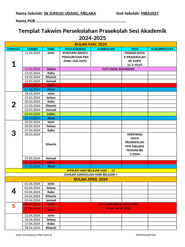 Template Takwim Persekolahan 2024-2025 | PDF