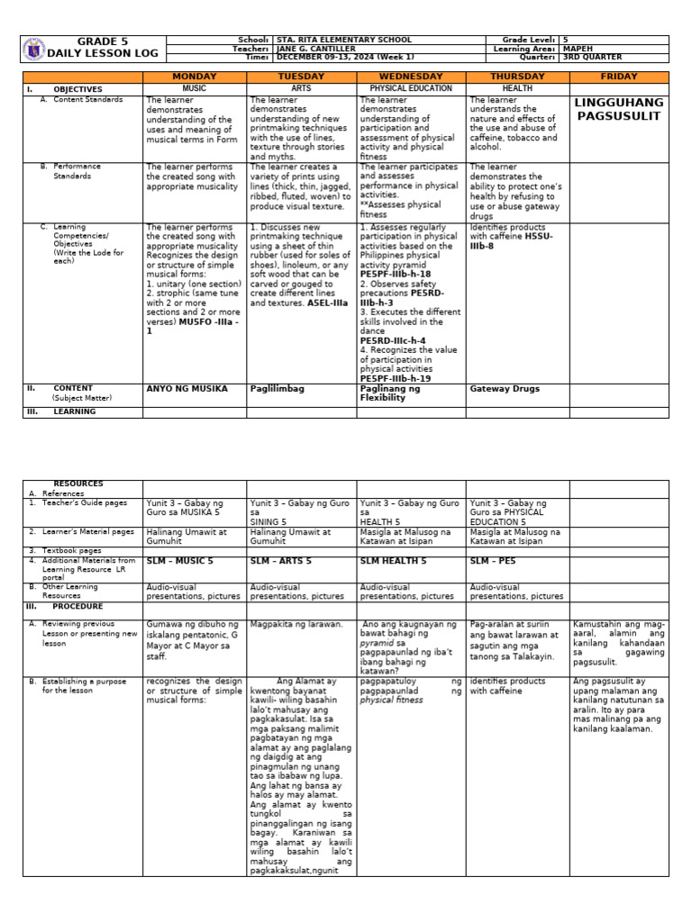 JGC_DLL_Q3_MAPEH W1 DEC09-13 | PDF