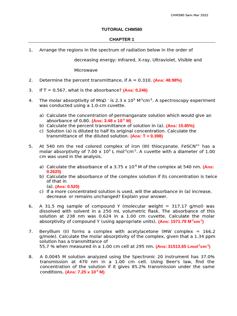 Ans Tutorial Chap 1 | PDF | Absorbance | Molecular Physics