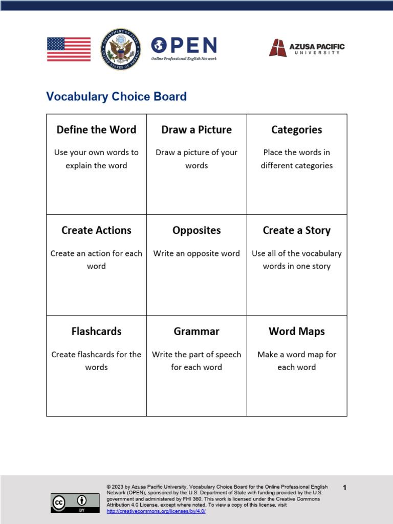 M2.8-Vocabulary Choice Board | PDF