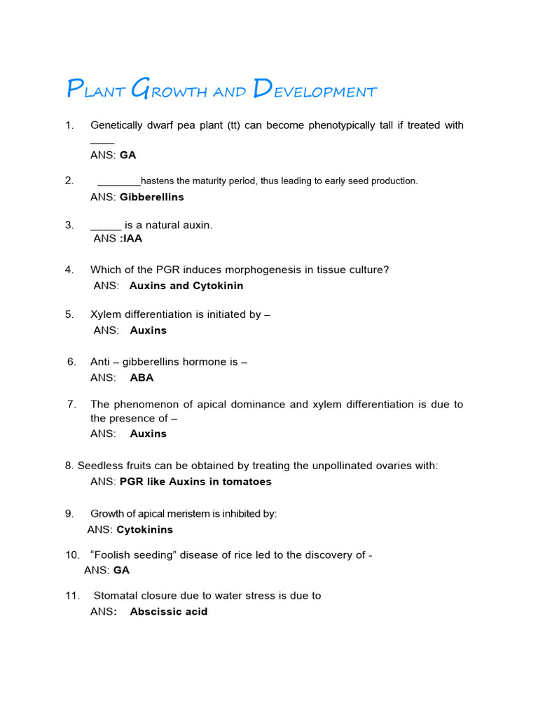 PLANT GROWTH FIB With Answers | PDF | Plant Hormone | Auxin