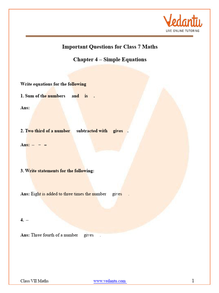 Class 7 Maths Chapter 4 Simple Equations Important Questions FREE PDF ...