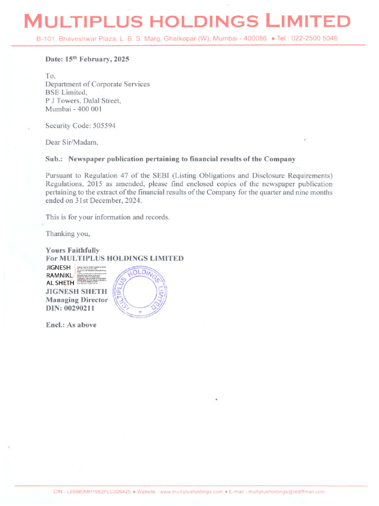 Multiplus Holdings Limited: BSE Limited, P J Towers, Dalal Street, Mumbai - 400 001 | PDF | Net ...