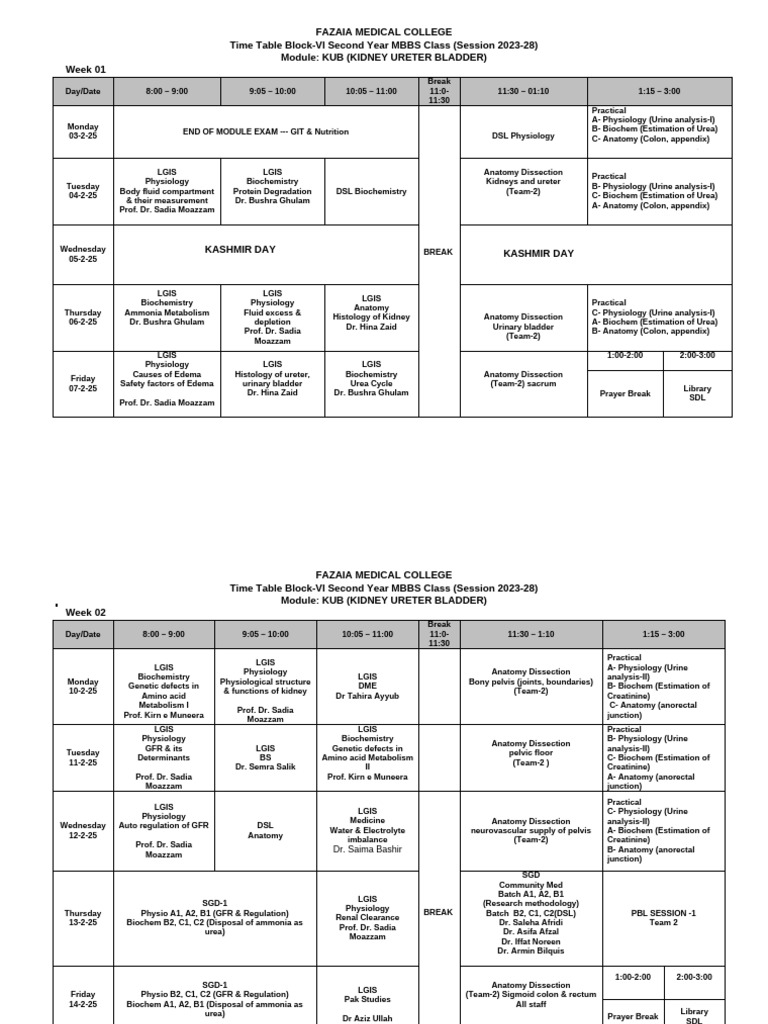 Time Table Block-VI Second Year MBBS Class (Session 2023-28) (Module ...