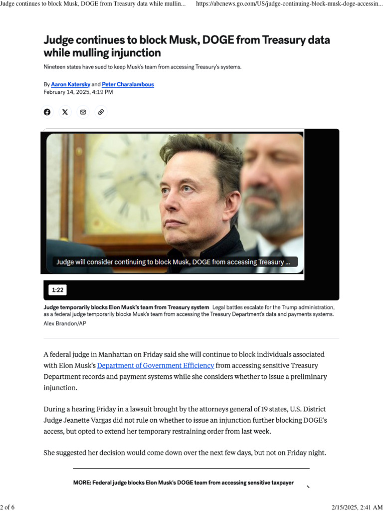 FRIDAY February 14th, 2025 - Judge Continues To Block Musk, DOGE From Treasury Data While ...