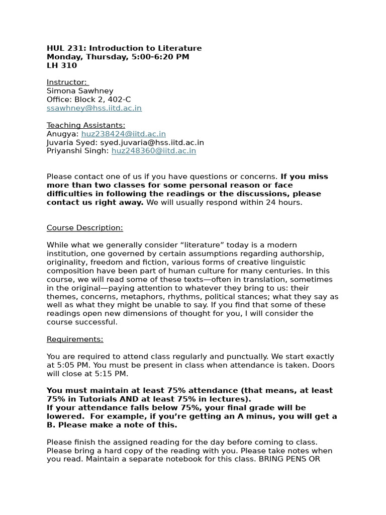 HUL 231 (2025) Course Requirements | PDF