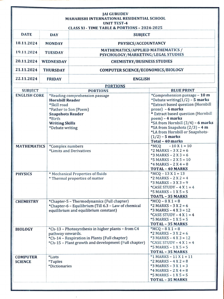 UT-4 Time Table and Portion | PDF | Physical Sciences