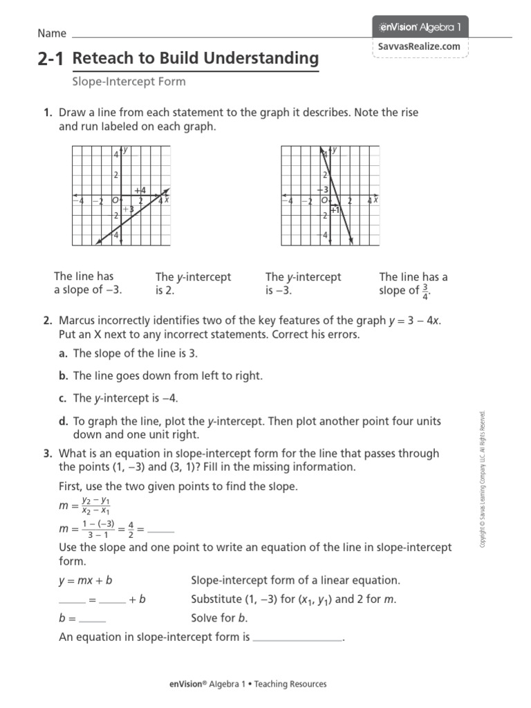 Slope-Intercept Form Reteach Guide | PDF | Mathematics | Algebra