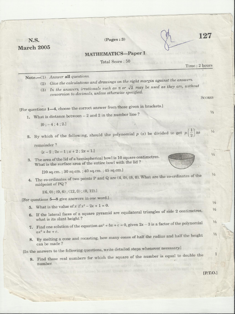 Kerala SSLC Exam March 2005 Mathematics Question Paper | PDF