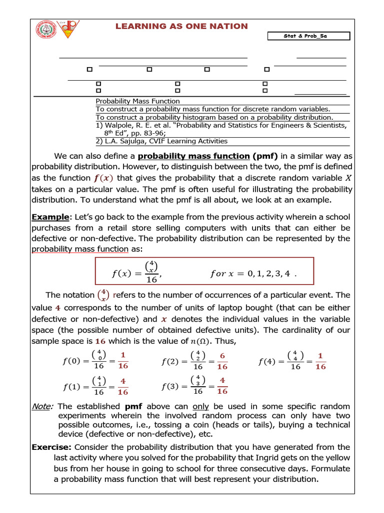 Stat_Prob LAS 5a Probability Mass Function | PDF | Probability Distribution | Probability And ...