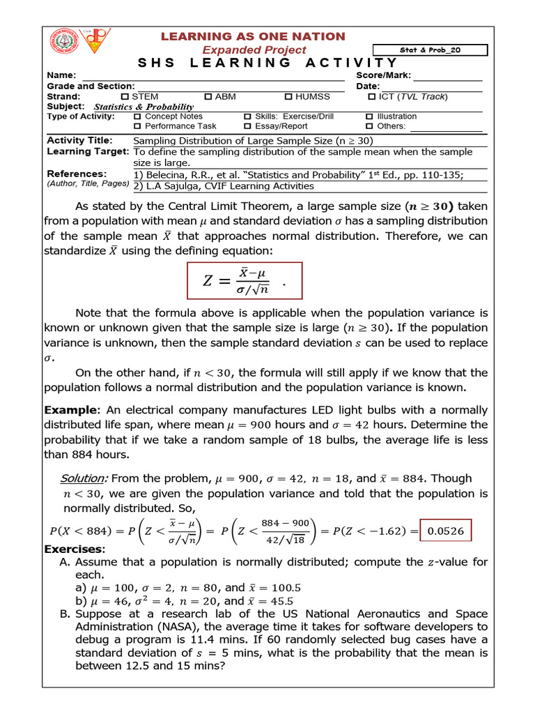 Stat - Prob LAS 20 Sampling Distribution Large Sample Size - n.31 | PDF ...