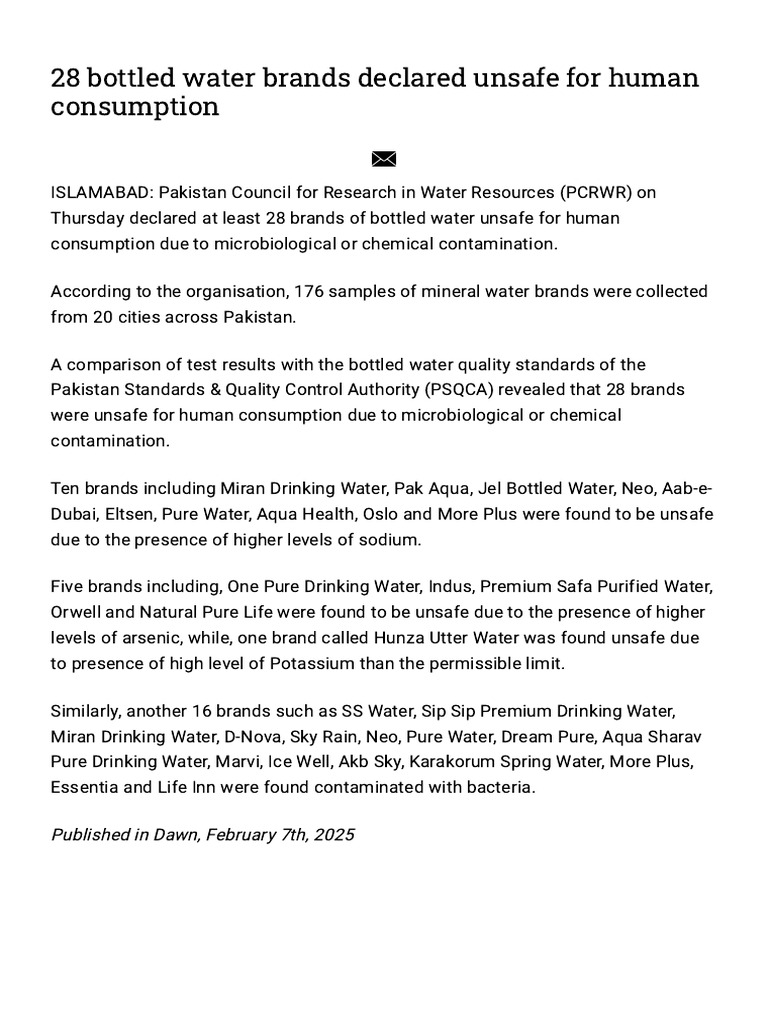 28 Bottled Water Brands Declared Unsafe For Human Consumption | PDF