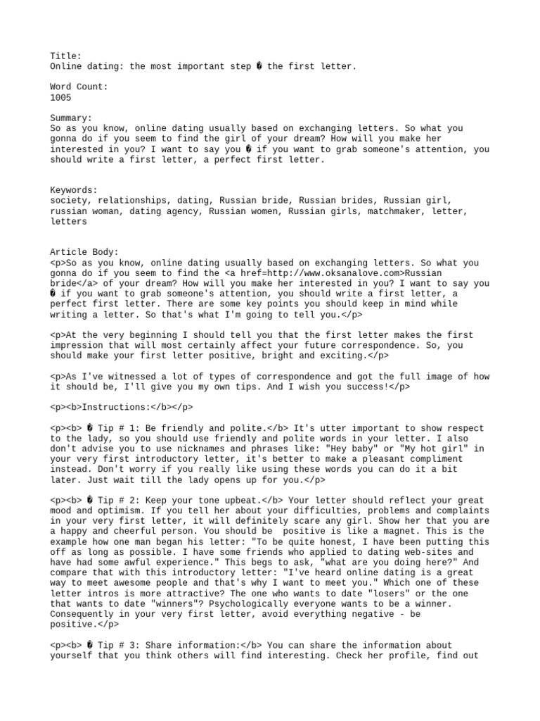 Online Dating The Most Important Step The First Letter. | PDF