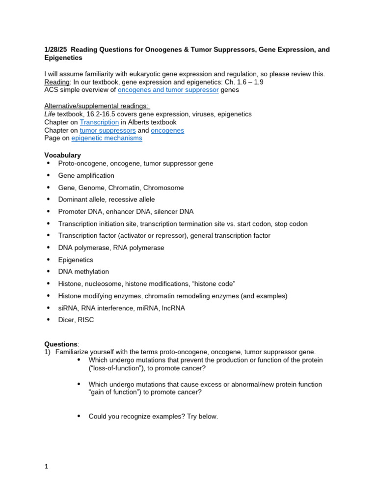 1 - 28 - 25 Reading Questions Cancer Genes, Gene Expression ...