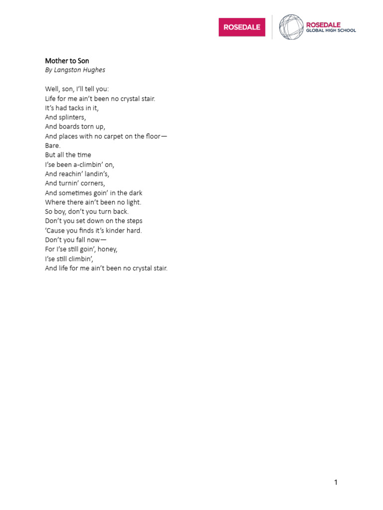 Langston Hughes' "Mother to Son" Poem | PDF