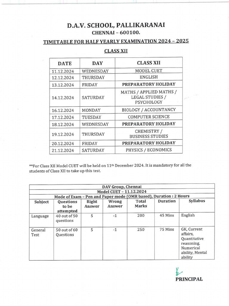 CLASS XII_REVISED HALFYEARLY TIMETABLE | PDF