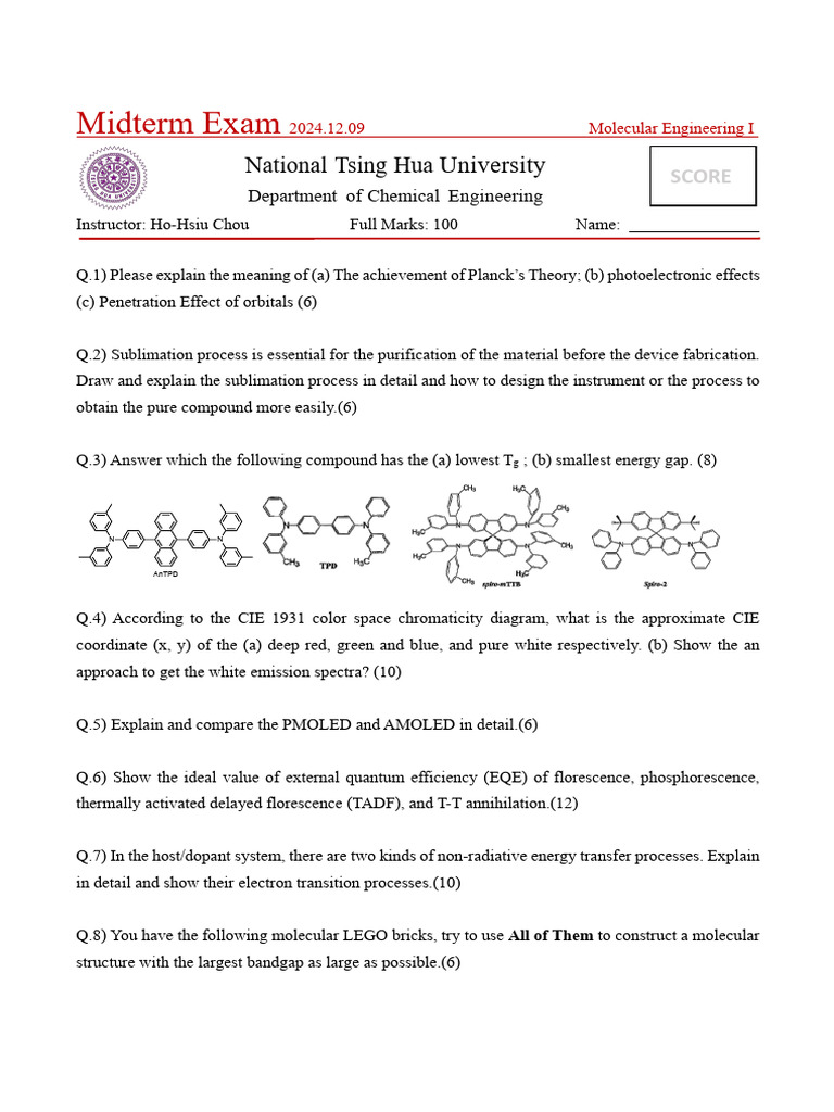 113上 分子工程一 midterm exam | PDF | Oled | Quantum Mechanics