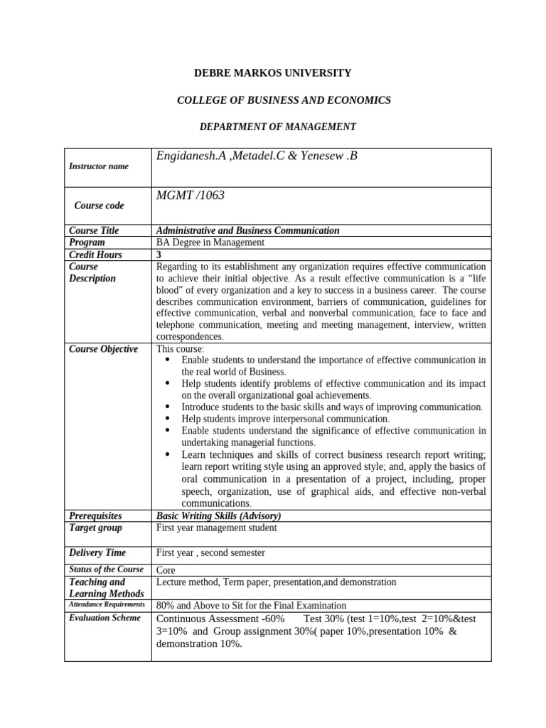 Business Communication Course Outline | PDF | Communication | Nonverbal ...