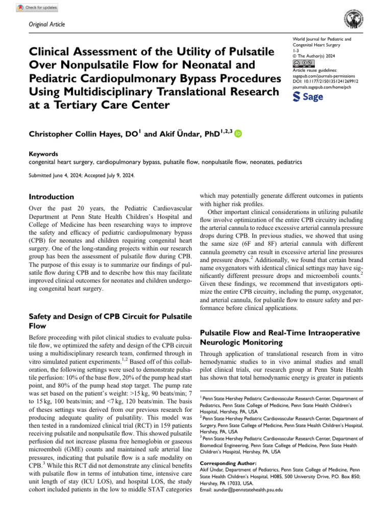 Hayes Undar 2024 Clinical Assessment of The Utility of Pulsatile Over ...