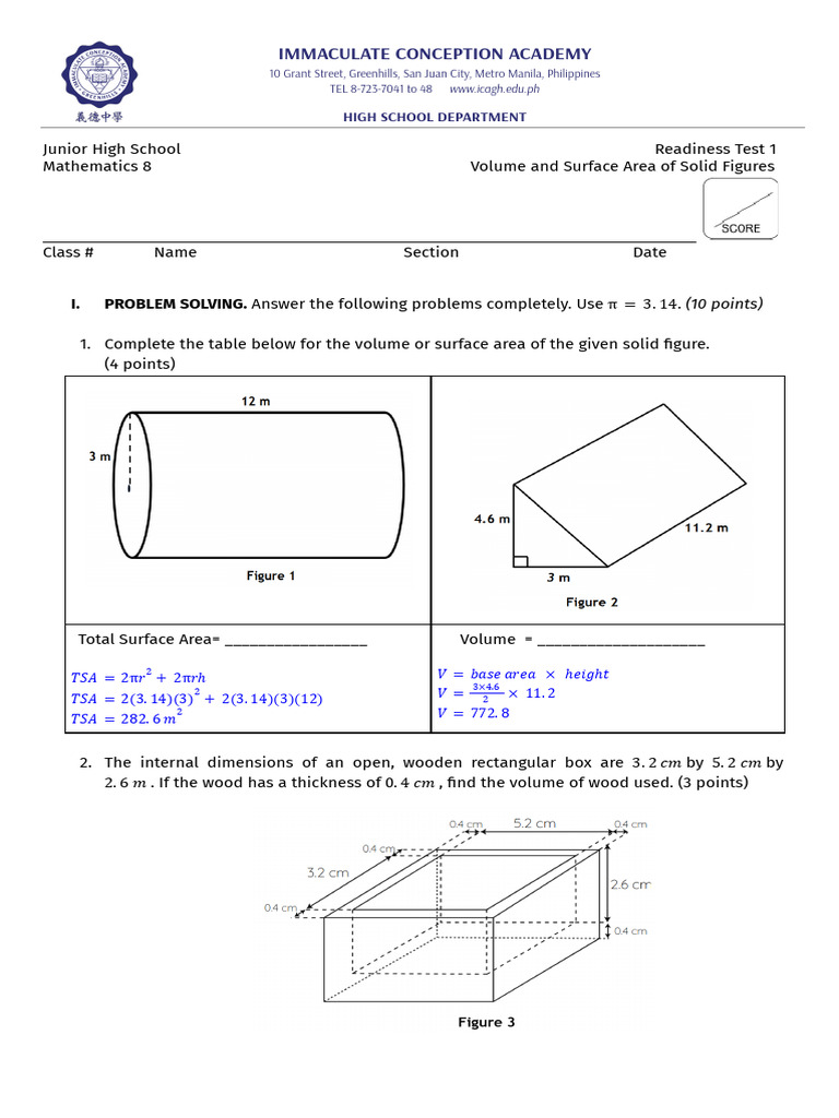 Math 8: Volume & Surface Area Test | PDF | Area | Geometry