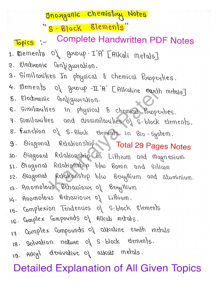 S BLOCK ELEMENTS Inorganic Chemistry Bsc.1st Year Notes | PDF ...