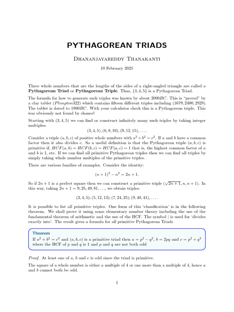 Pythagorean Triads | PDF | Discrete Mathematics | Number Theory