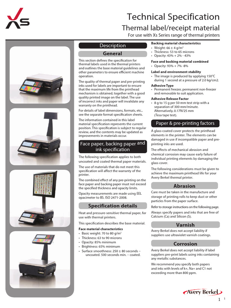 ABR35 000727 AA Xs Thermal Label Receipt Tech Spec | PDF | Printer (Computing) | Paper