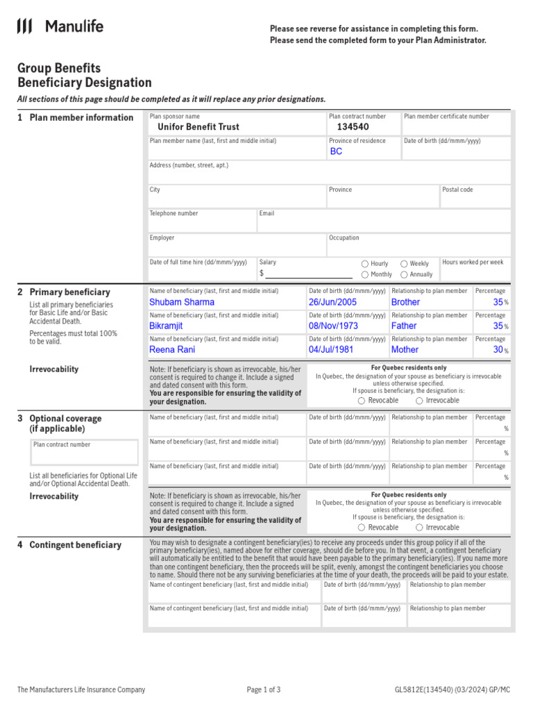 Group Benefits Beneficiary Designation 2 | PDF | Life Insurance ...