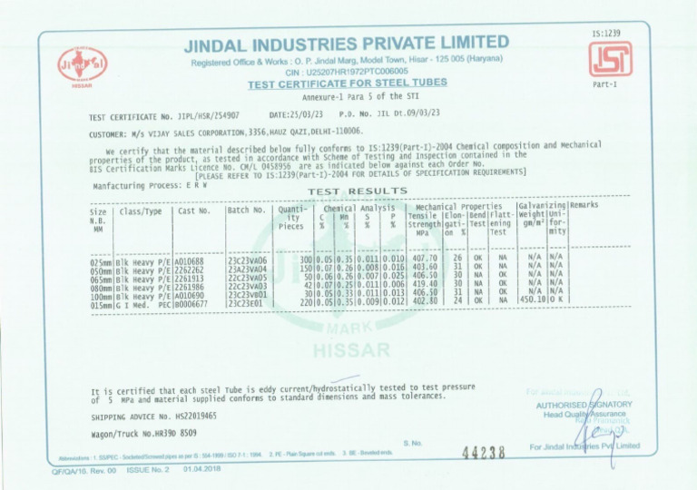 Jindal Steel Pipe Test Certificate | PDF | Secondary Sector Of The ...